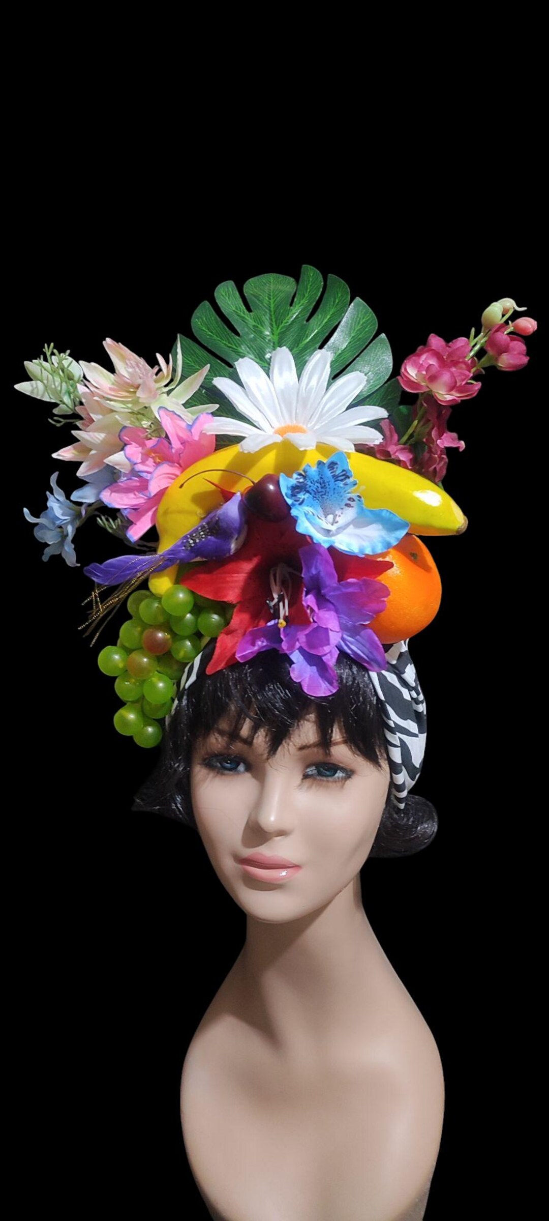 Zebra Fruit Turban Carmen Miranda Fruit Hat Adult Exotic Headdress ...