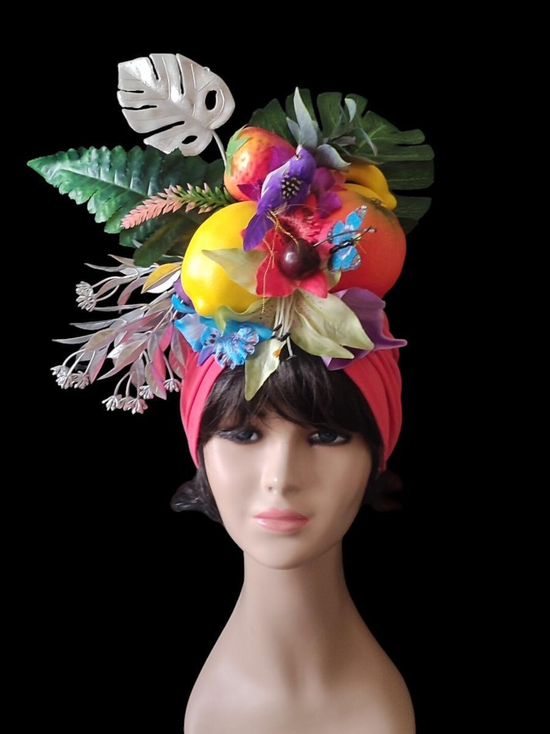 Coral Fruit Turban Hat Adult Tiki Headdress Carmen Miranda Hat Tropical ...
