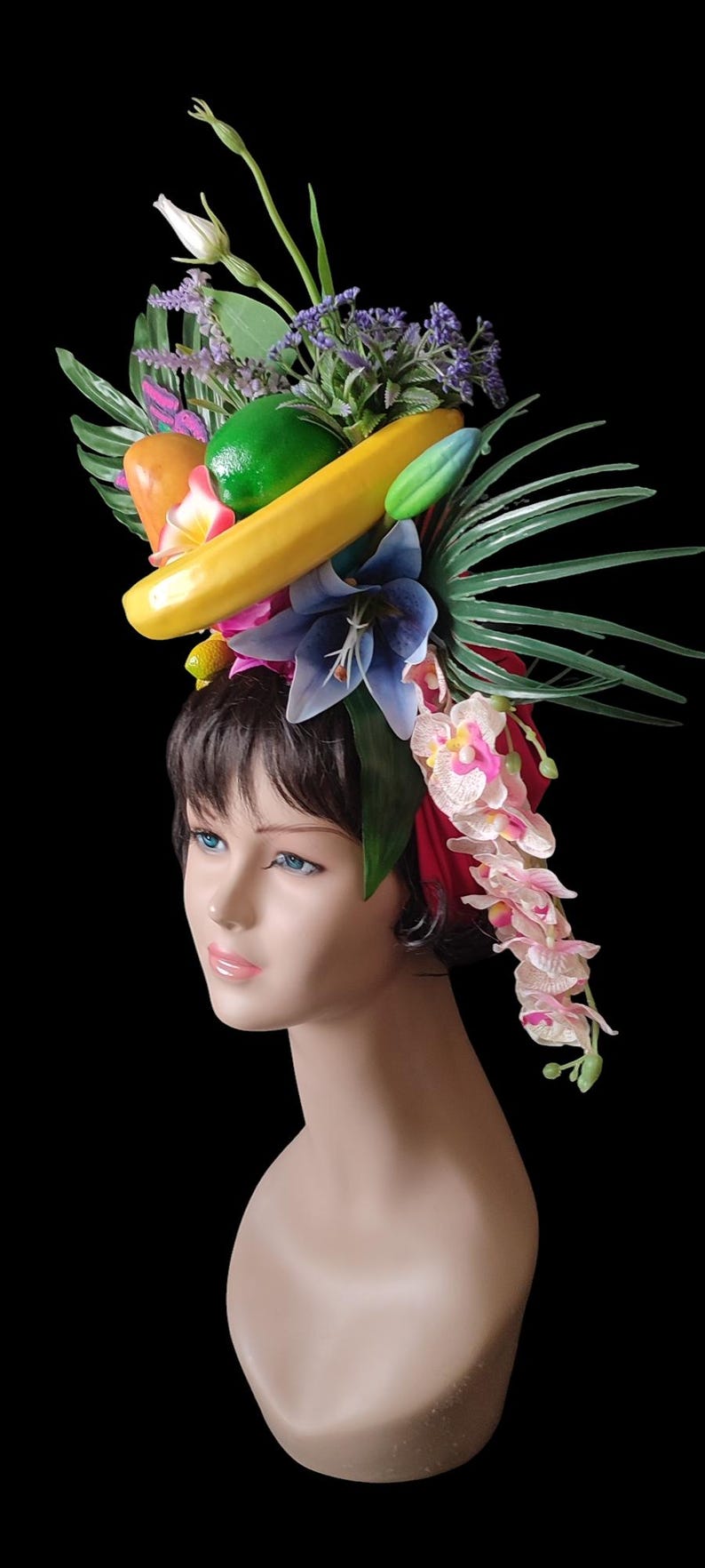 Hot Pink Fruit Turban Colorful Fruit Hat Tiki Headdress Carmen Miranda ...