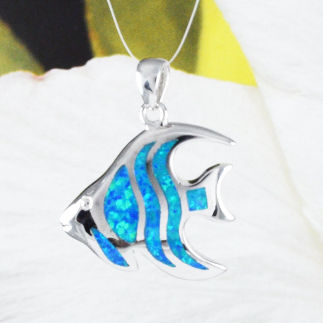 Unique Beautiful Hawaiian Blue Opal Angel Fish Necklace, Sterling ...