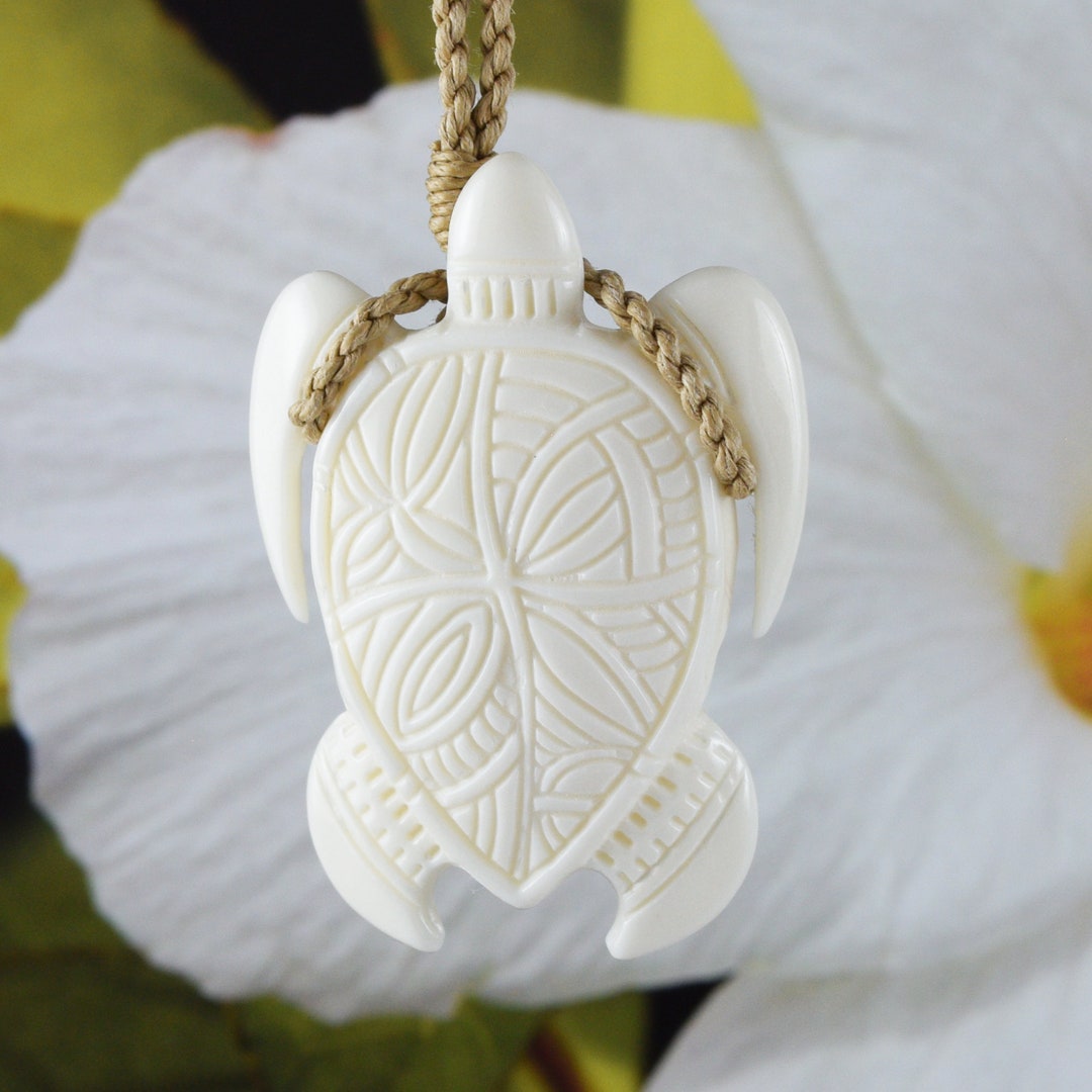 Unique Hawaiian Large Sea Turtle Necklace, Hand Carved Buffalo Bone ...