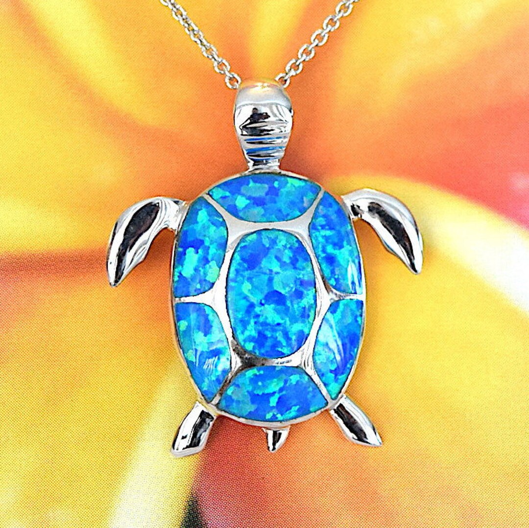 Beautiful Hawaiian Blue Opal Sea Turtle Necklace, Sterling Silver Blue ...