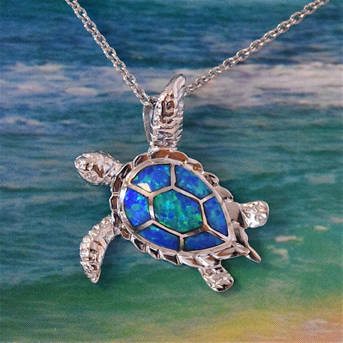 Blue Opal Sea Turtle Necklace Silver and Blue Turtle - Etsy