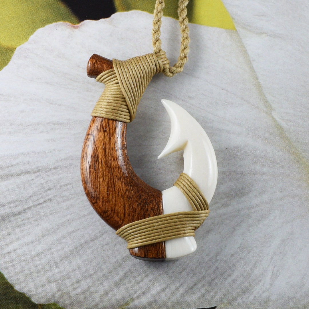 Unique Hawaiian Large Genuine Koa Wood Fish Hook Necklace, Hand Carved ...