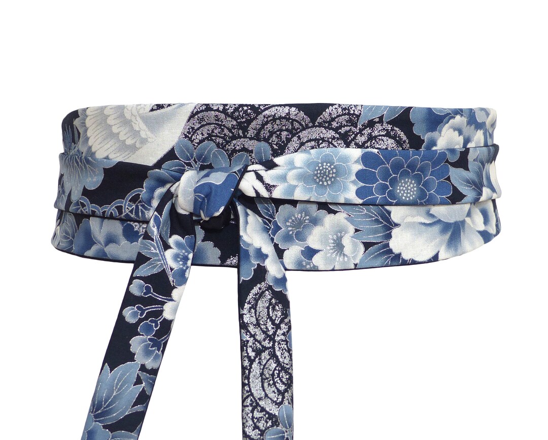 Obi Waist Belt Black Silver Slate Blue Gray, Reversible Wide Wrap Sash ...
