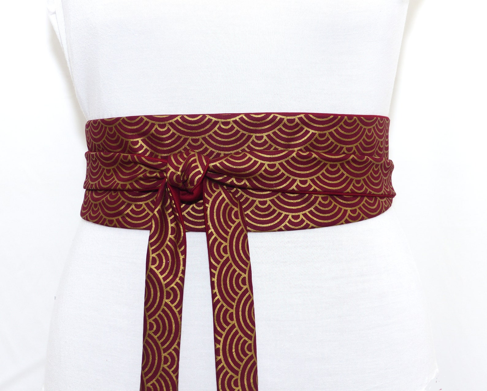 Red Gold Obi Belt, Geometric Waves, Japanese Fabric, Garnet Golden ...