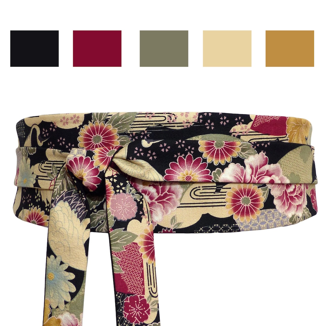 Black & Multicoloured Obi Wrap Belt, Reversible Wide Waist Belt, Kimono ...