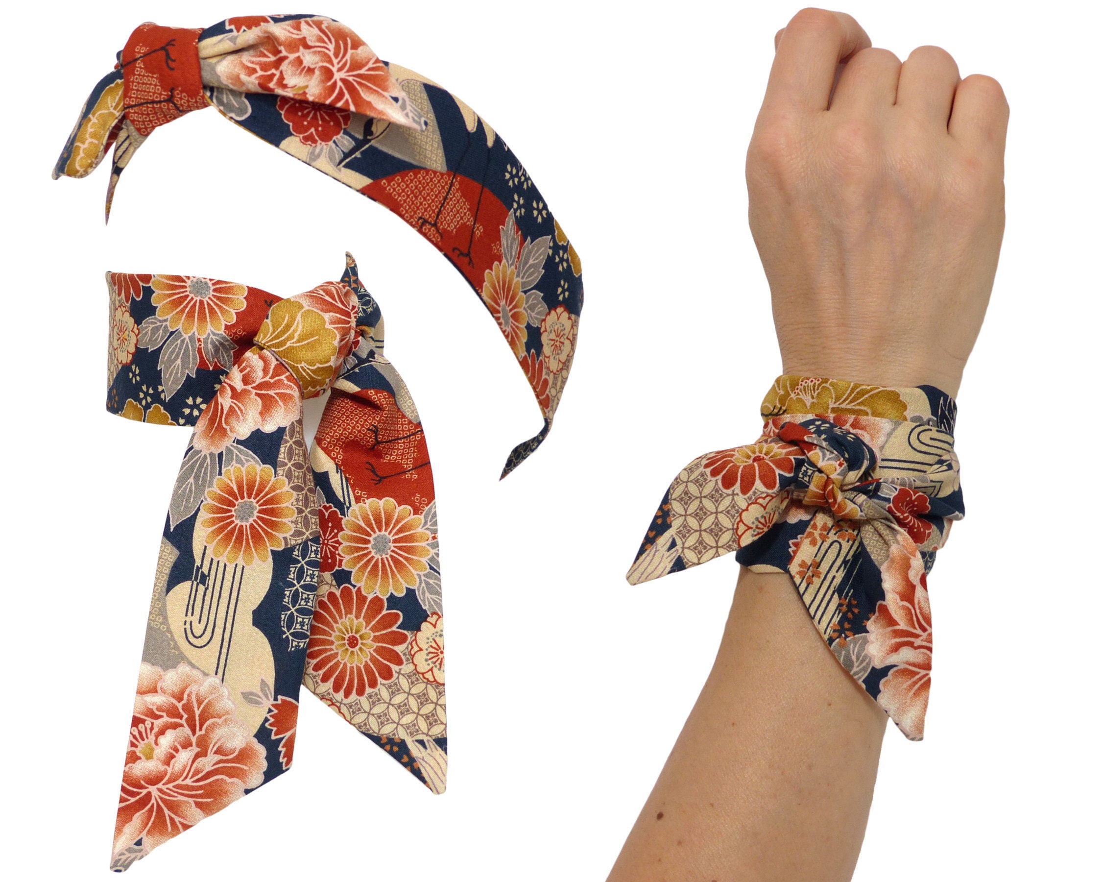 Japanese Fabric Scarf Floral Geometric Burnt Orange Taupe | Etsy