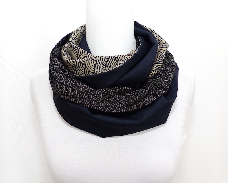 WOOL & COTTON Navy Scarf, Solid + Japanese Fabric Dotted Sashiko ...