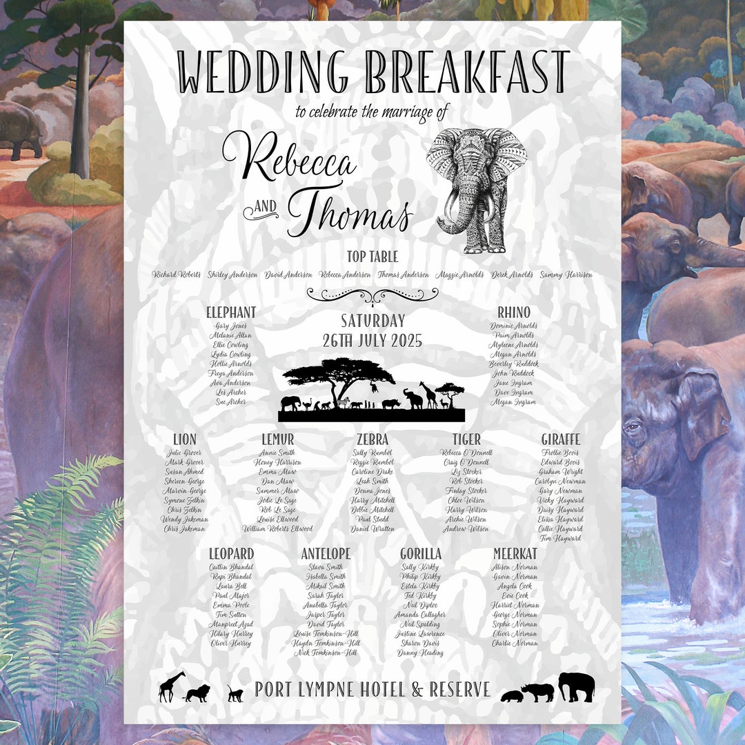 Safari Wedding TABLE and Seating Plan Sign | Zentangle Elephant and ...
