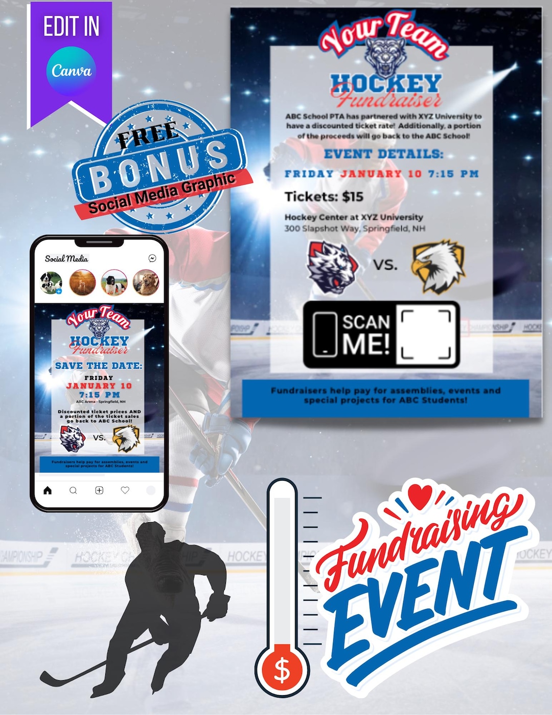 Hockey Fundraiser, Printable Template Bundle, Edit in Canva, Flyer ...
