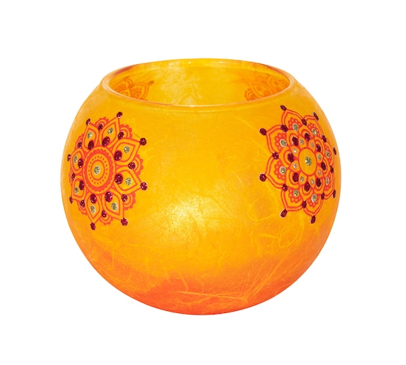 Orange Ornamental Candle Holder Medium Glass Bubble Ball Red and Gold Motif hand Decorated Using Warm Oranges and Gold Yellow Strawsilk Etsy UK