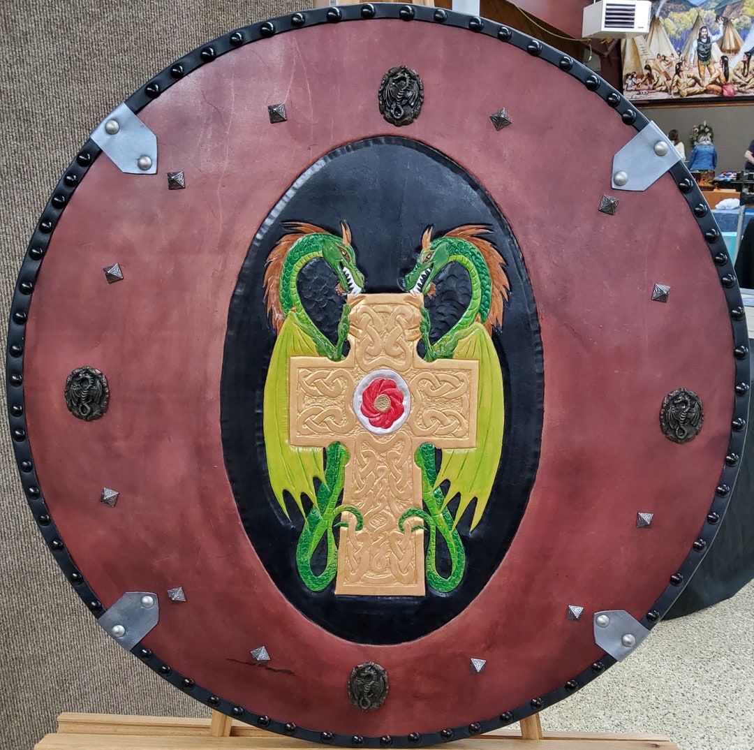 24" Round Leather Targe Featuring a Celtic Cross and Two Dragons - Etsy