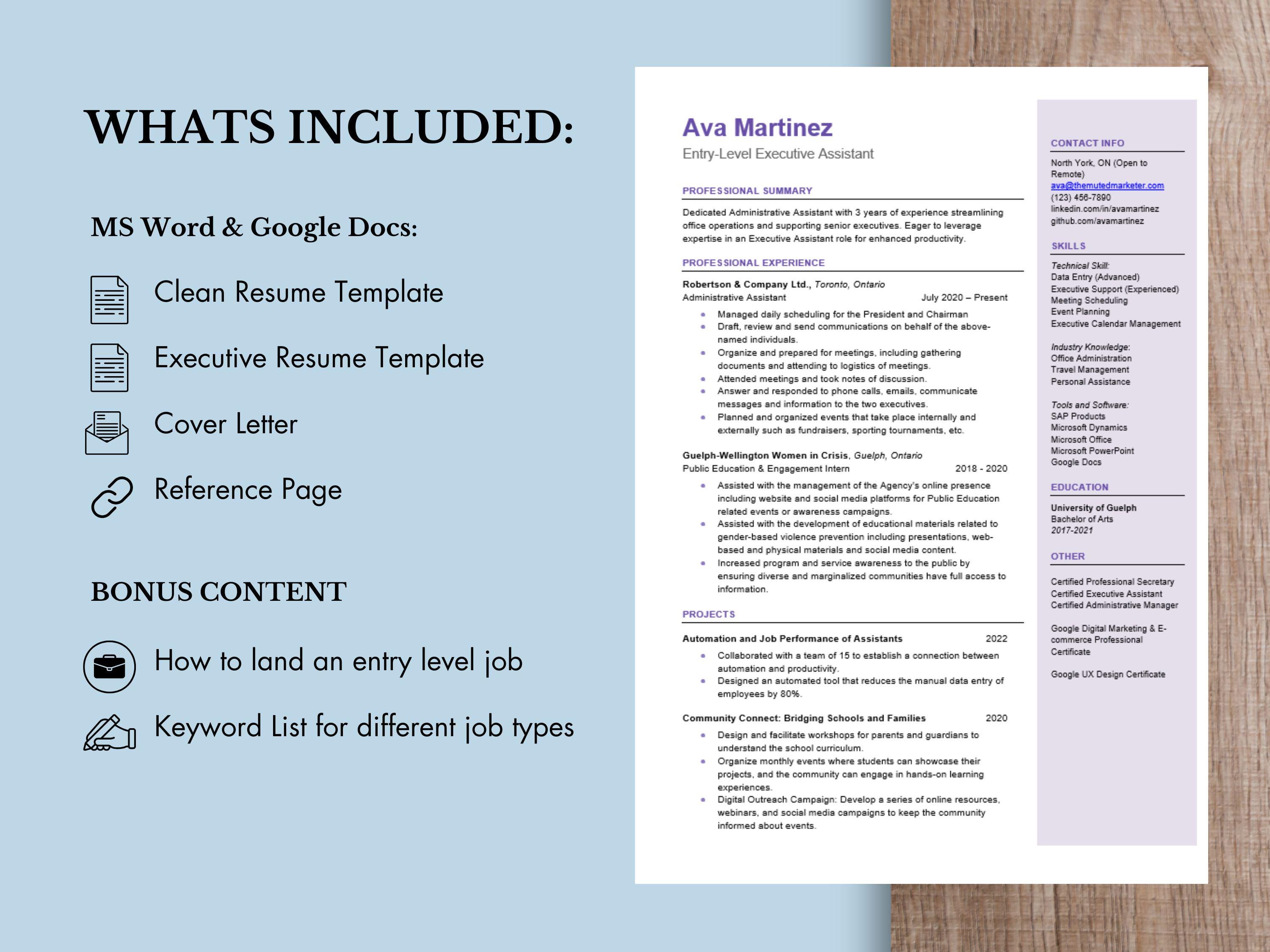Executive Entry Level Resume Template for Word & Google Docs | ATS ...