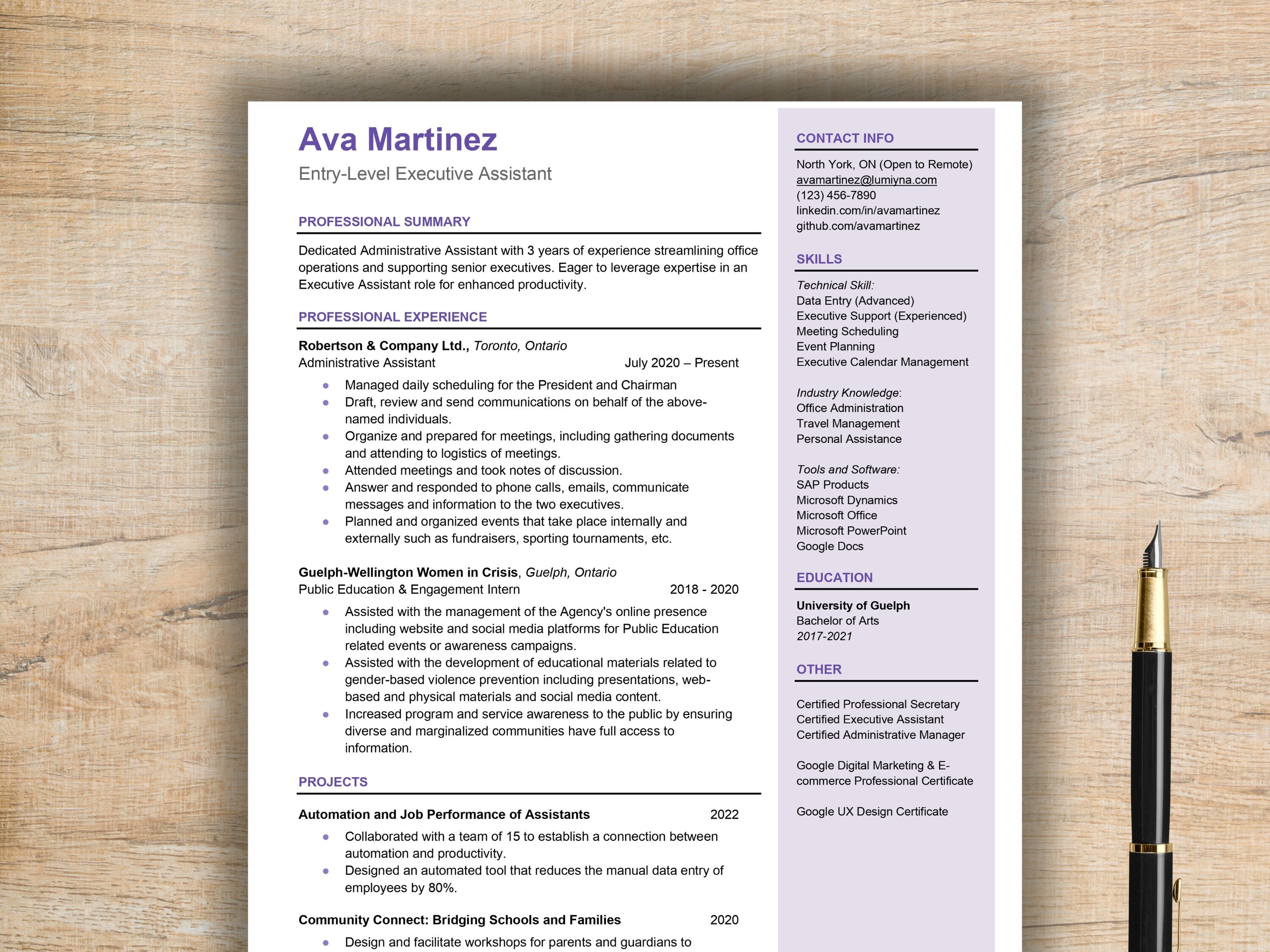 Executive Entry Level Resume Template for Word & Google Docs ATS ...