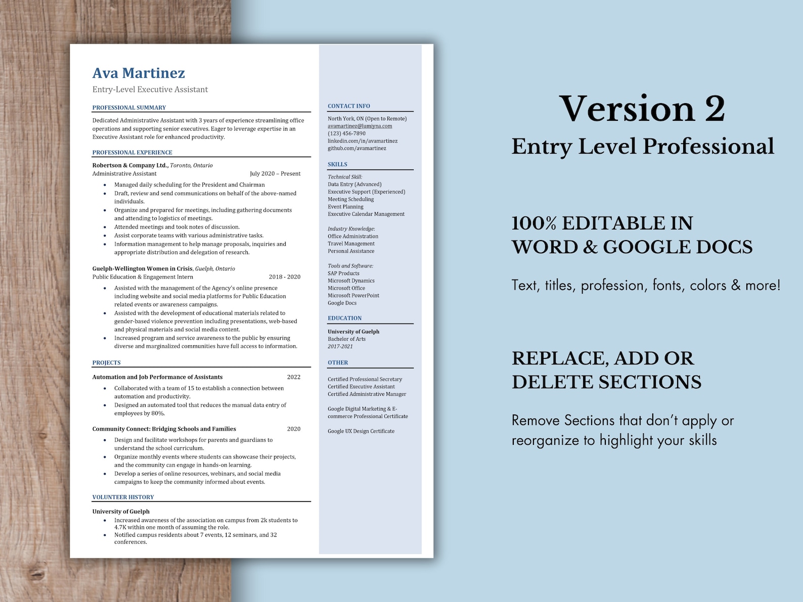 Executive Entry Level Resume Template for Word & Google Docs | ATS ...