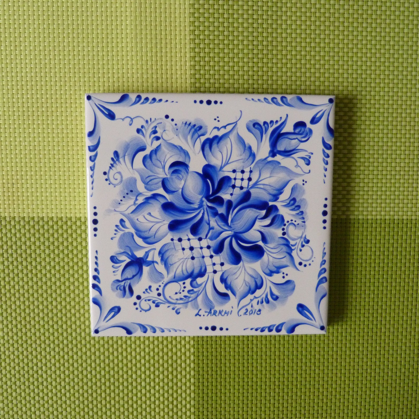 Ceramic Coaster Tile Hand Painted Blue and White 10 X 10 Cm Table Decor ...