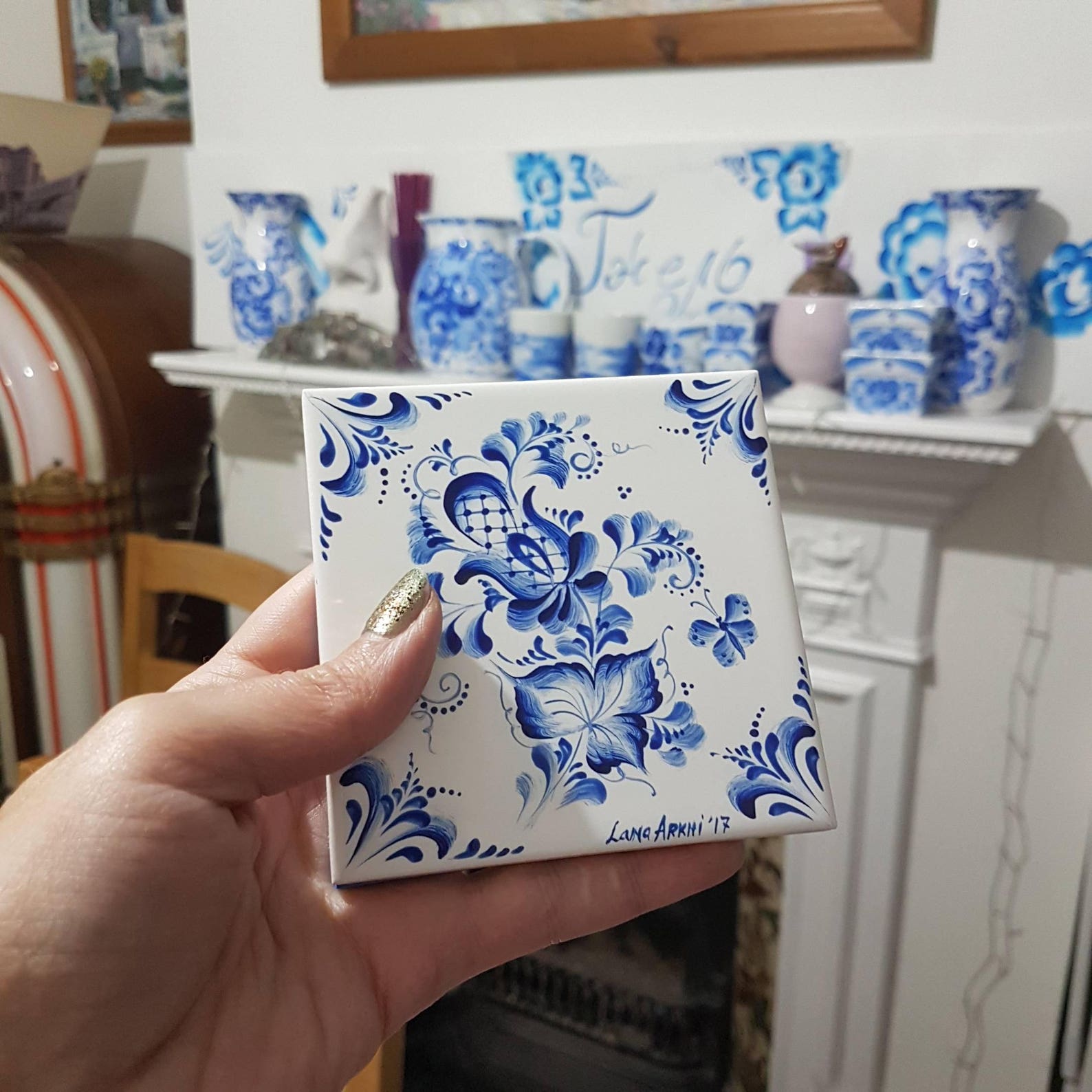 Ceramic Coaster Tile Hand Painted Blue and White 10 X 10 Cm Table Decor ...