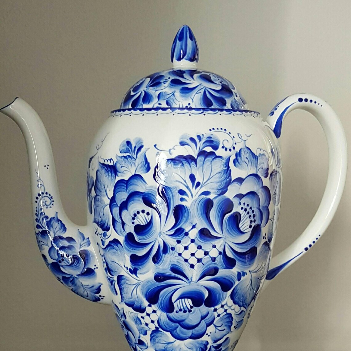 Large hand painted coffee pot blue and white bone china floral | Etsy