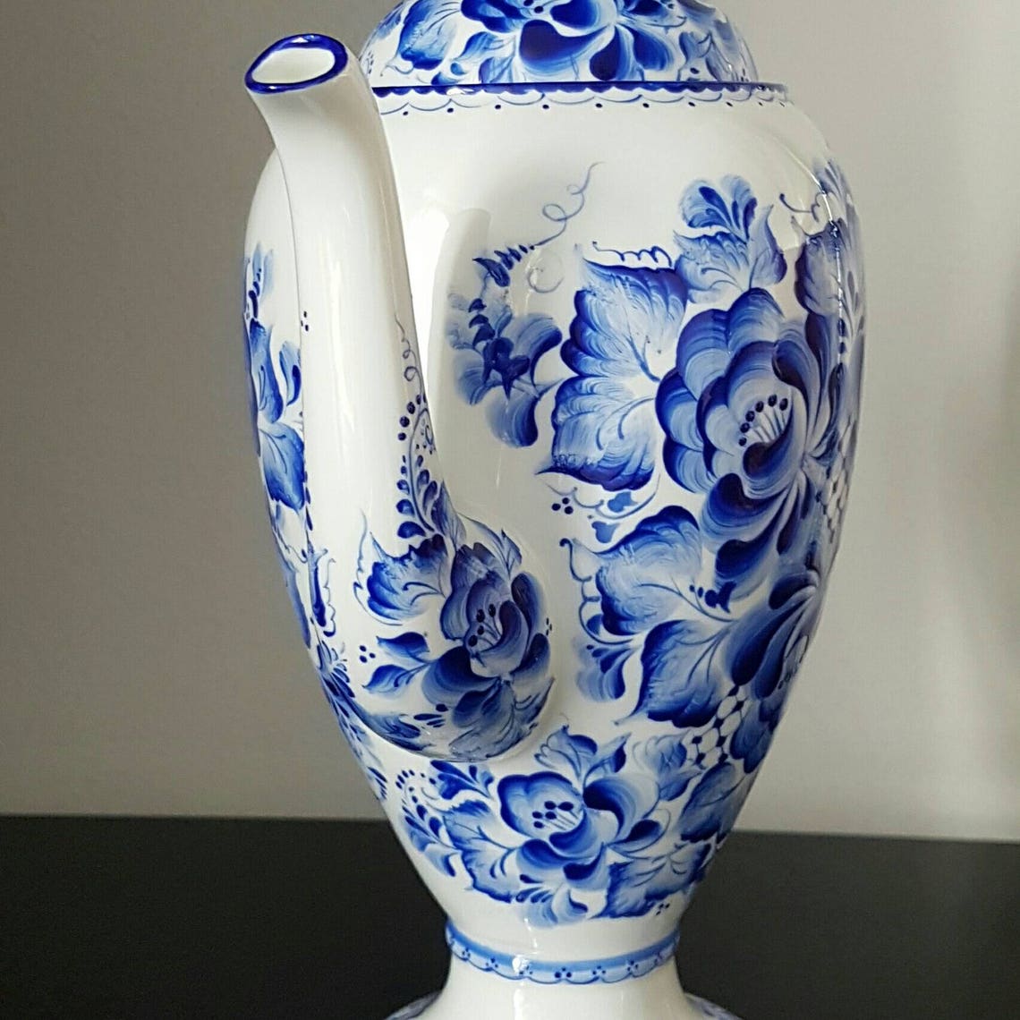 Large Hand Painted Coffee Pot Blue and White Bone China Floral Design ...