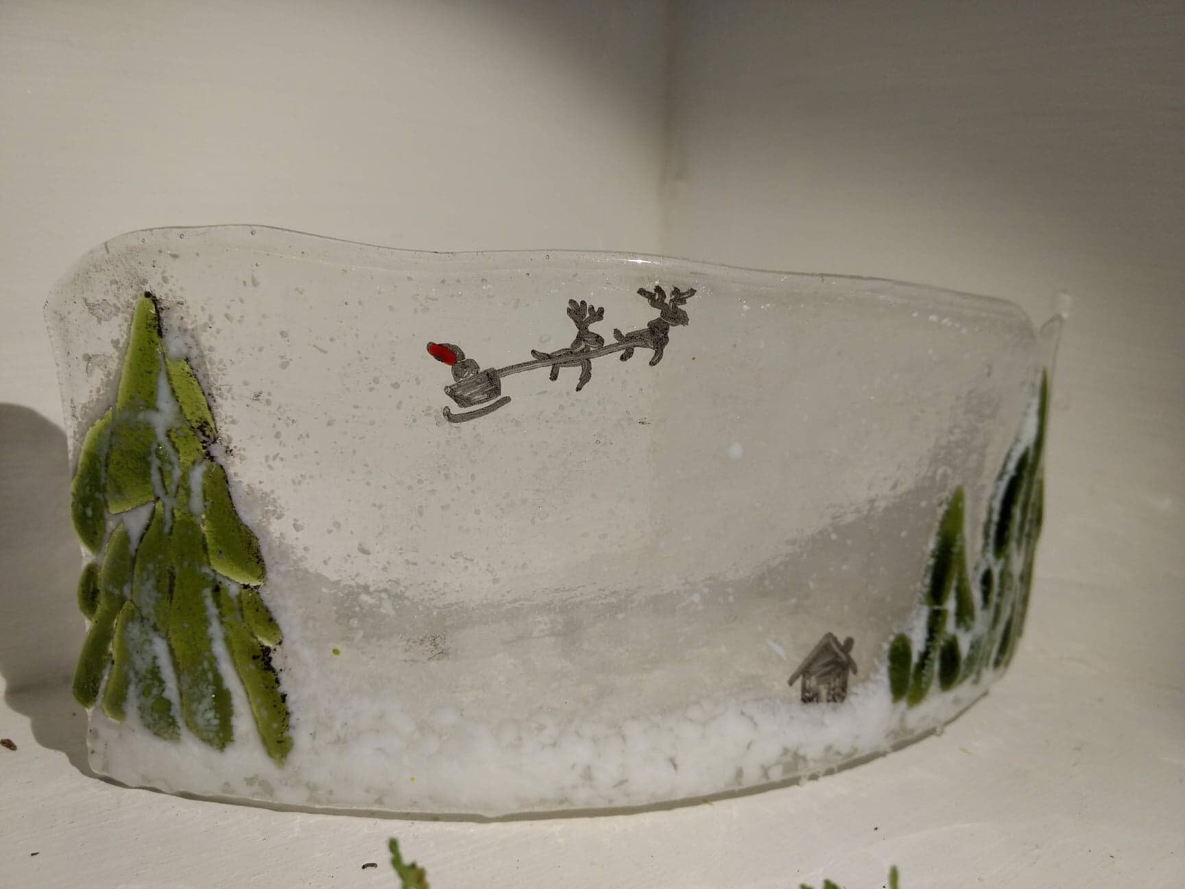 Handmade Fused Glass Art - Flying Father Christmas Free Standing Curve ...