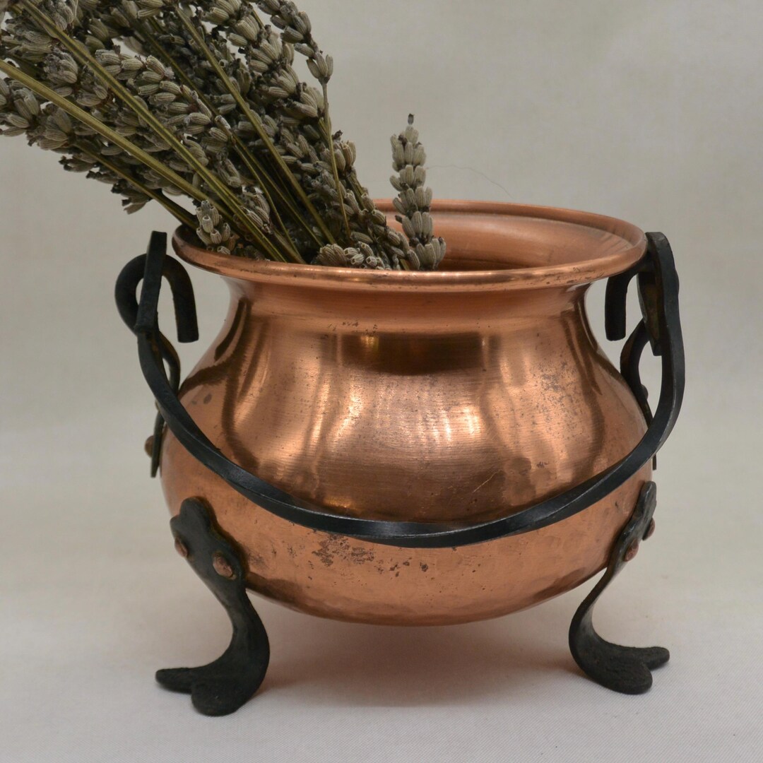 Vintage Very Small Hammered Copper and Forged Metal Cauldron, Witches ...