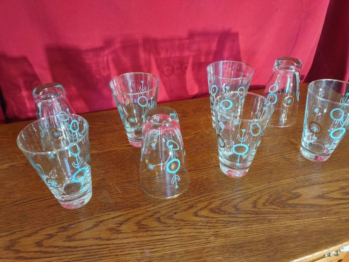 Vintage Libbey Drinking Glasses, Full Set of 8 !!! Aqua Blue, Amotic Stars? - Etsy