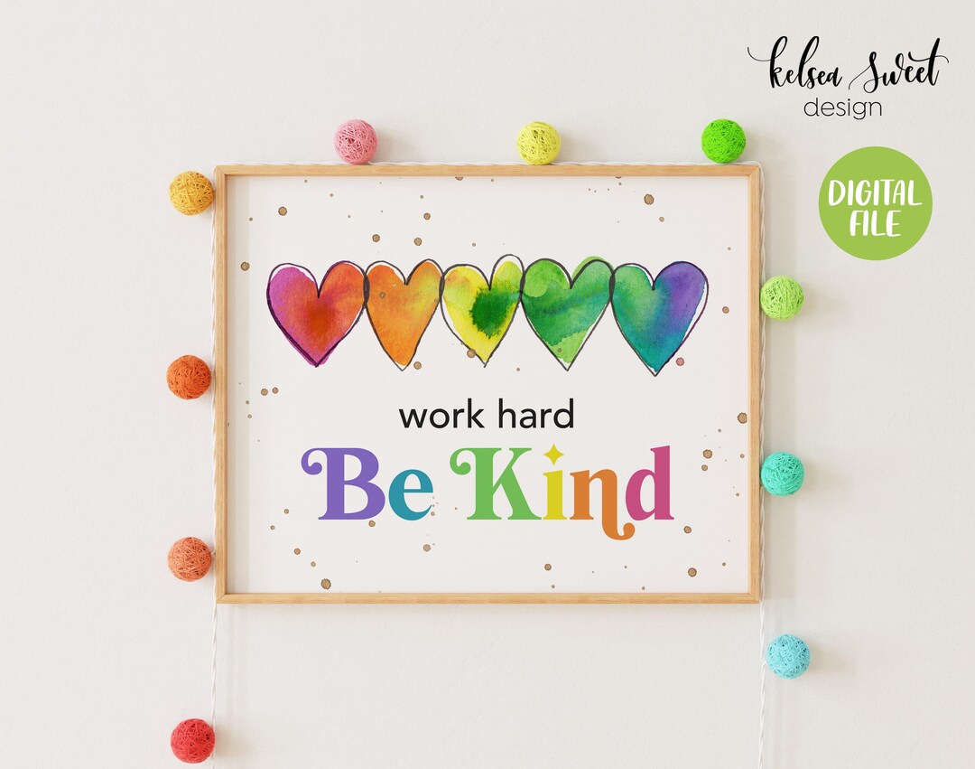 Classroom Decor, Work Hard Be Kind, 1st Grade, 2nd Grade, Printable ...