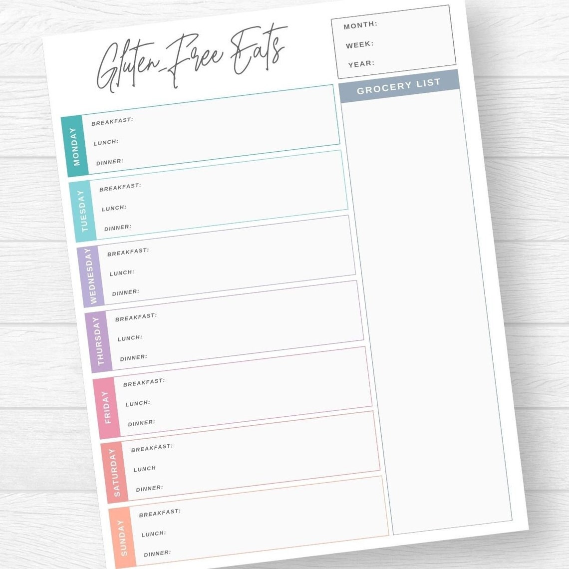 Weekly Planner Printable Meal Planner Gluten Free Printable | Etsy