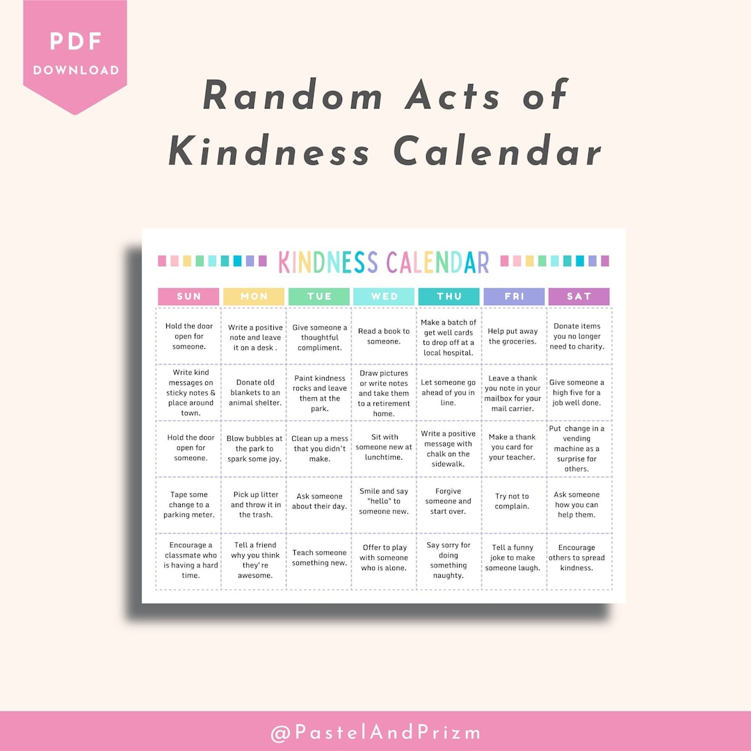 Kindness Calendar for Kids, Girls Kindness Printable, Kids Gratitude ...