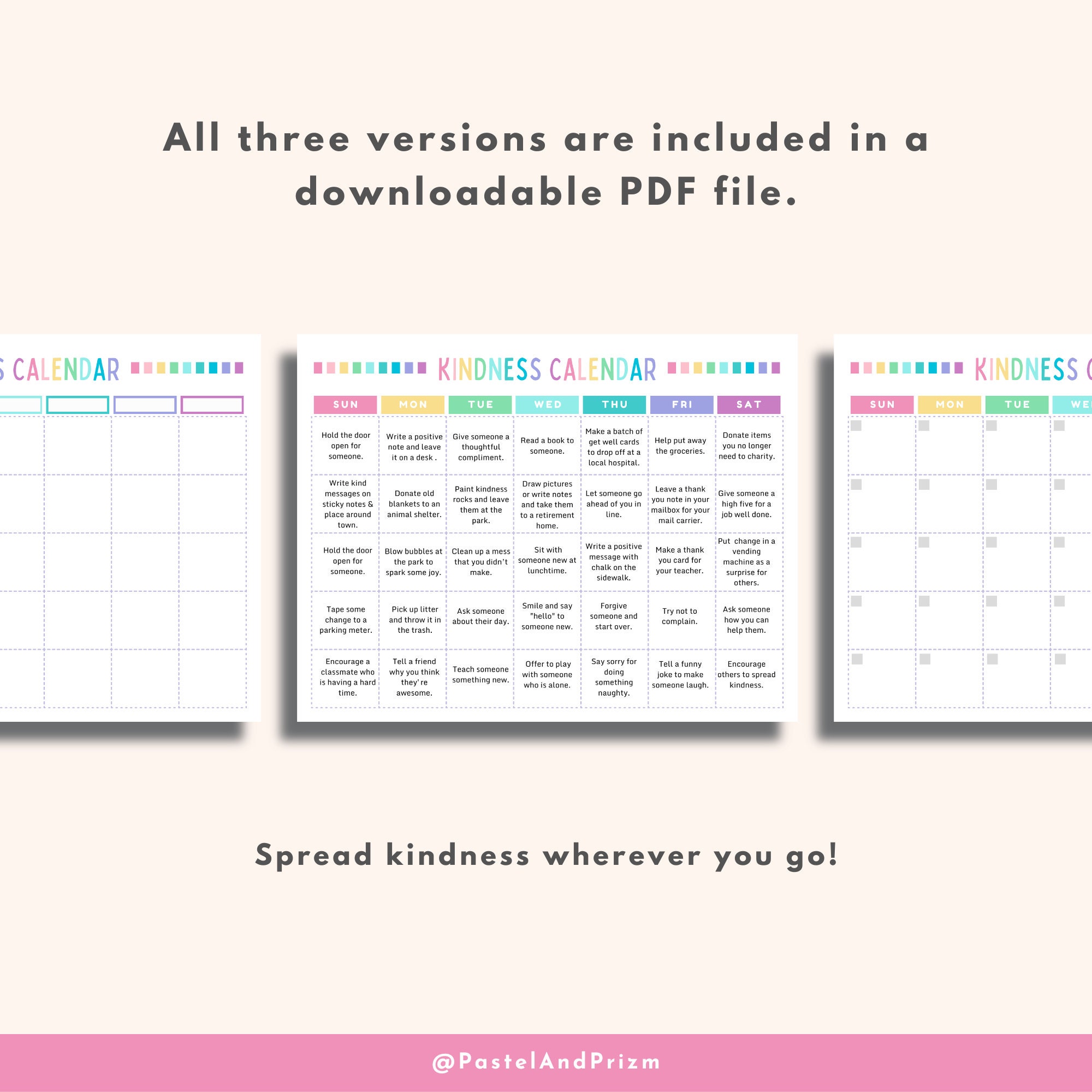 Kindness Calendar for Kids, Girls Kindness Printable, Kids Gratitude ...