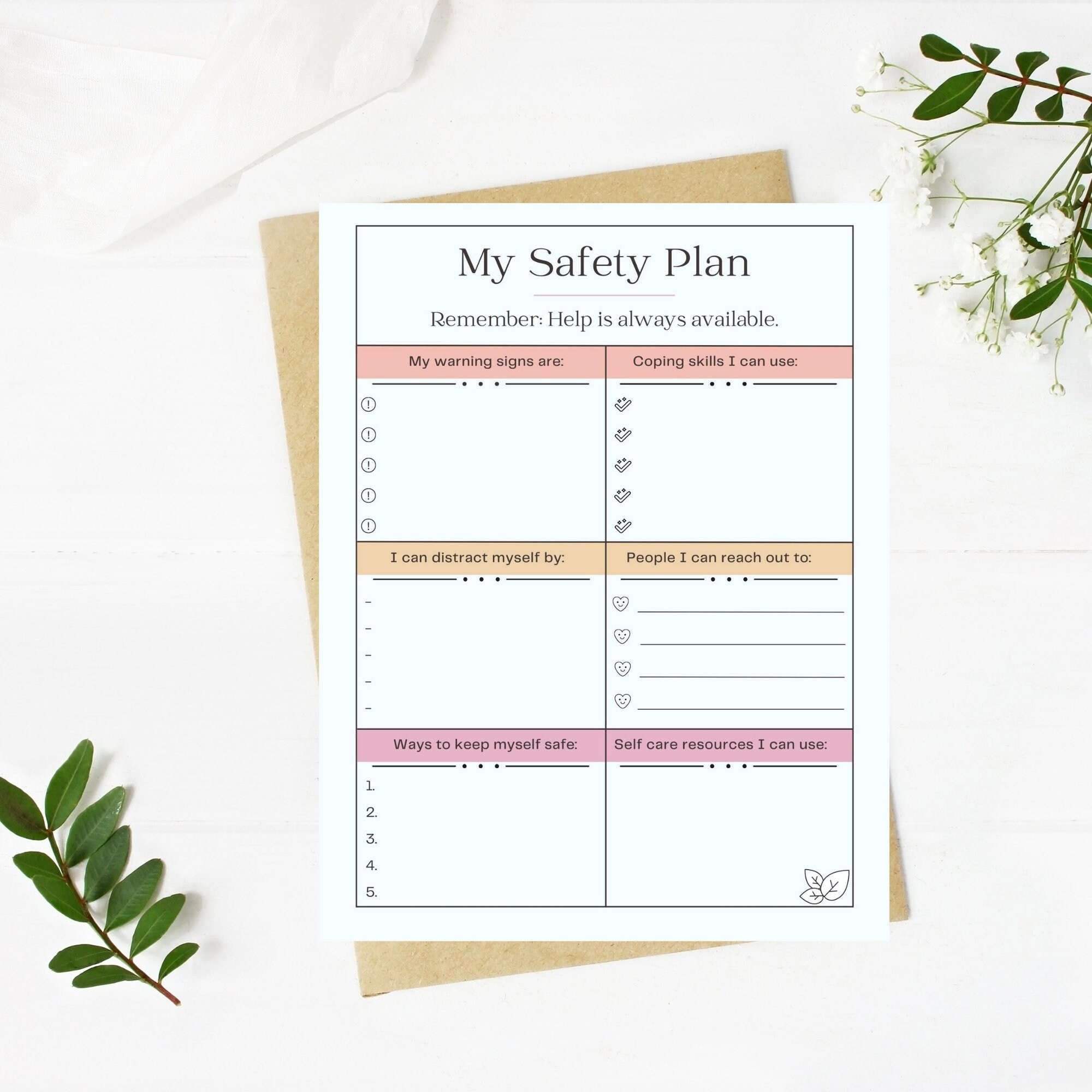 Printable Safety Crisis Plan Worksheet, Therapy Worksheet, Mental ...