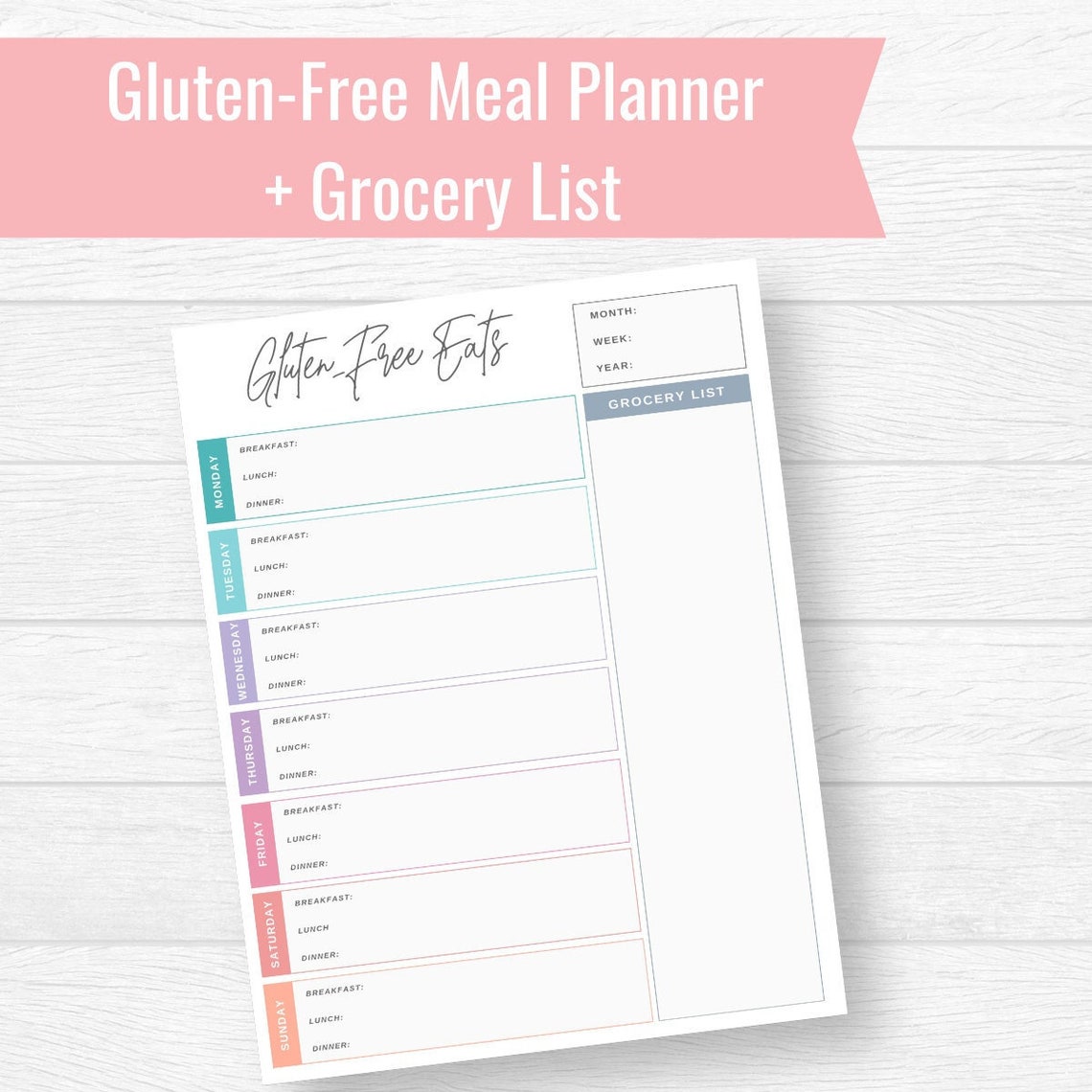 Weekly Planner Printable Meal Planner Gluten Free Printable | Etsy
