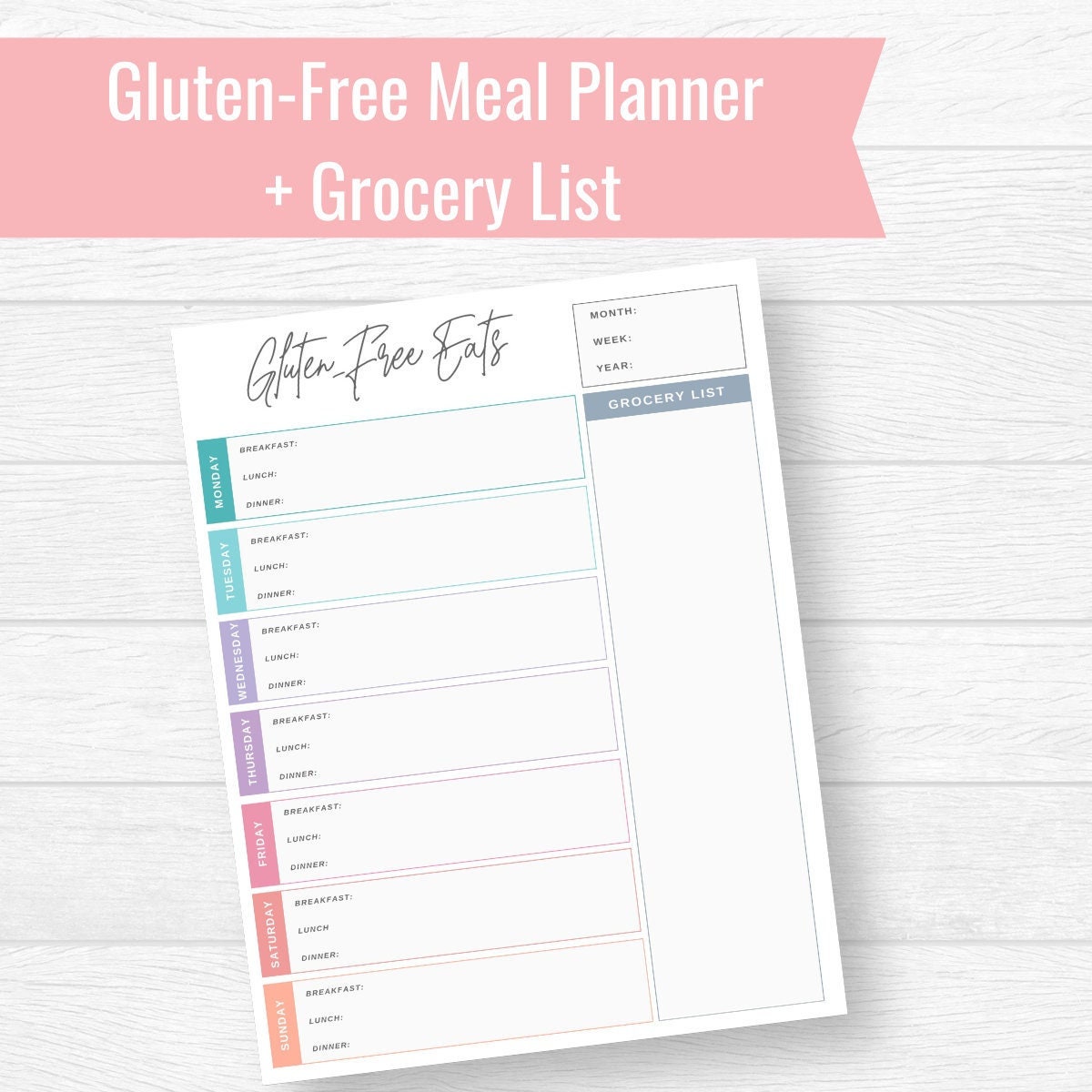 Weekly Planner Printable Meal Planner Gluten Free Printable | Etsy