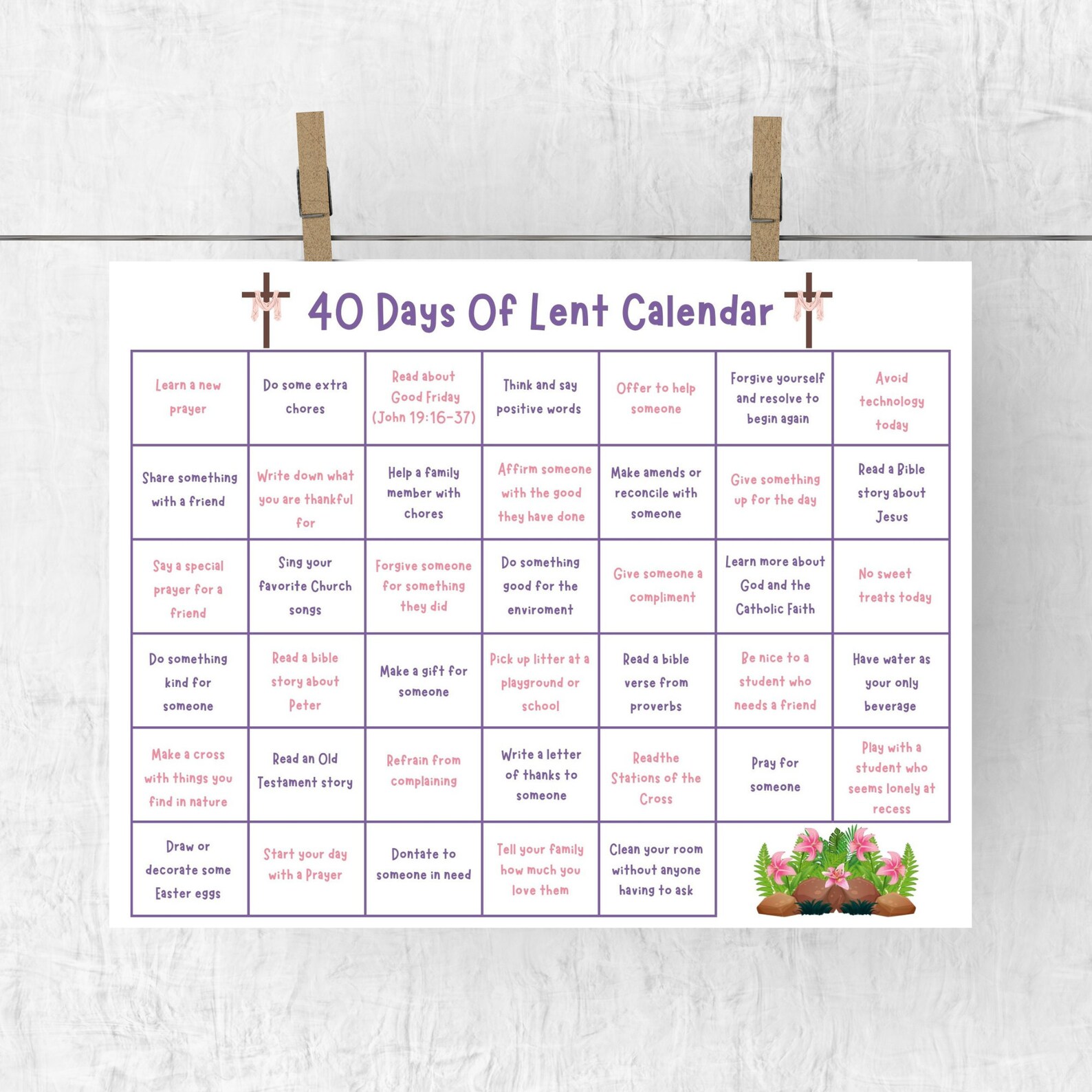 Family Lenten Calendar, Baptist, Pillars of Lent, Kids Lent Activity ...