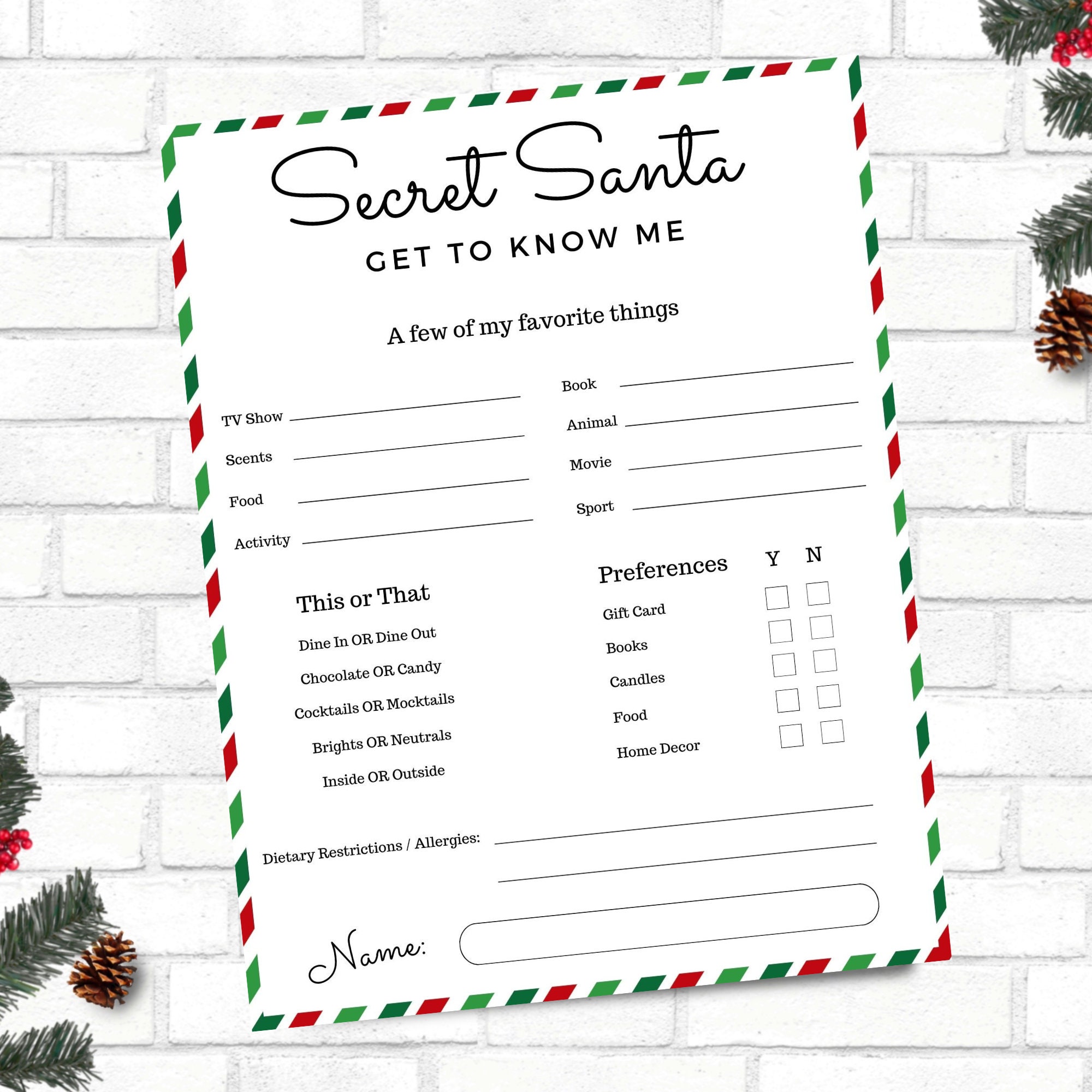 Secret Santa Questionnaire Secret Santa Gift Exchange - Etsy Canada