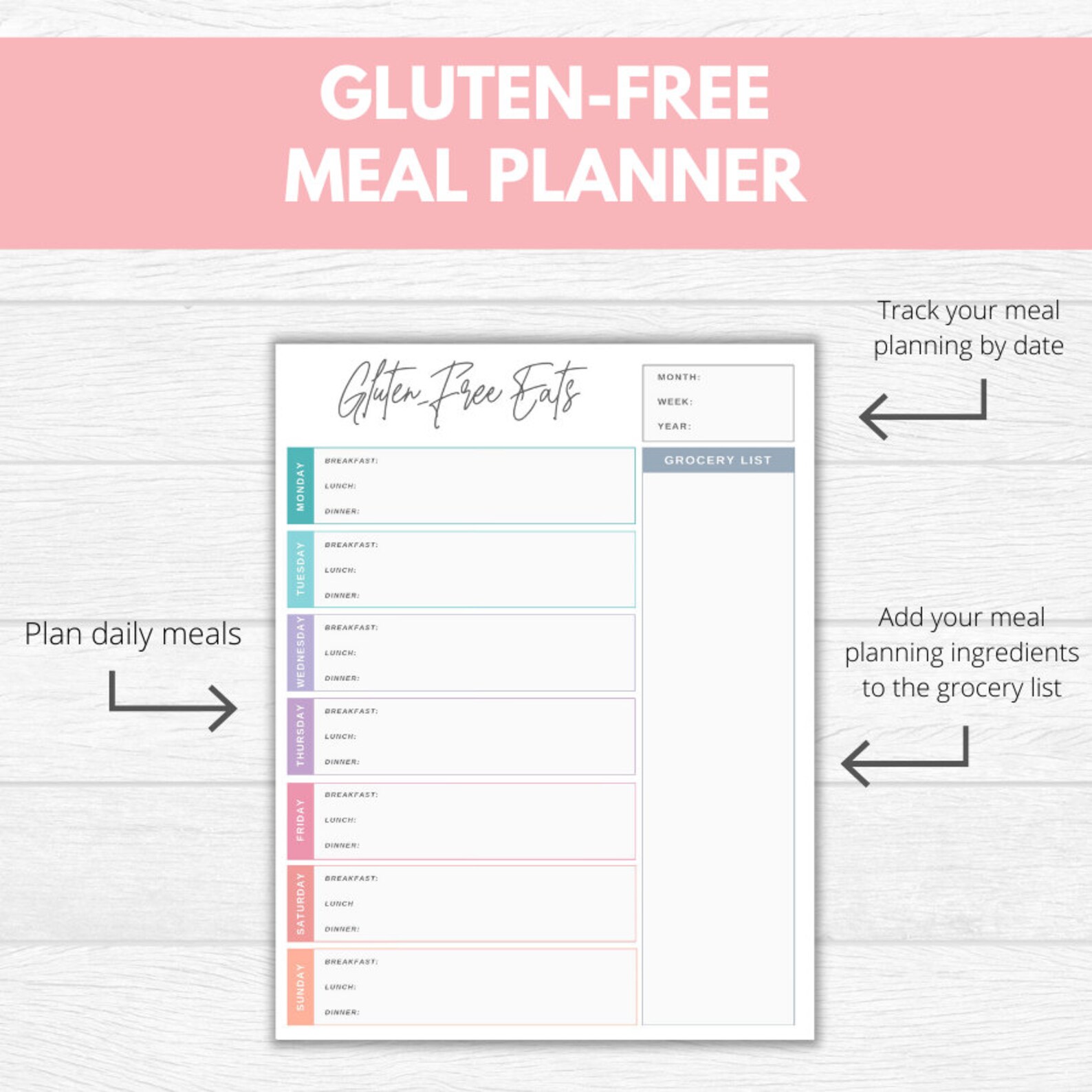 Weekly Planner Printable Meal Planner Gluten Free Printable - Etsy