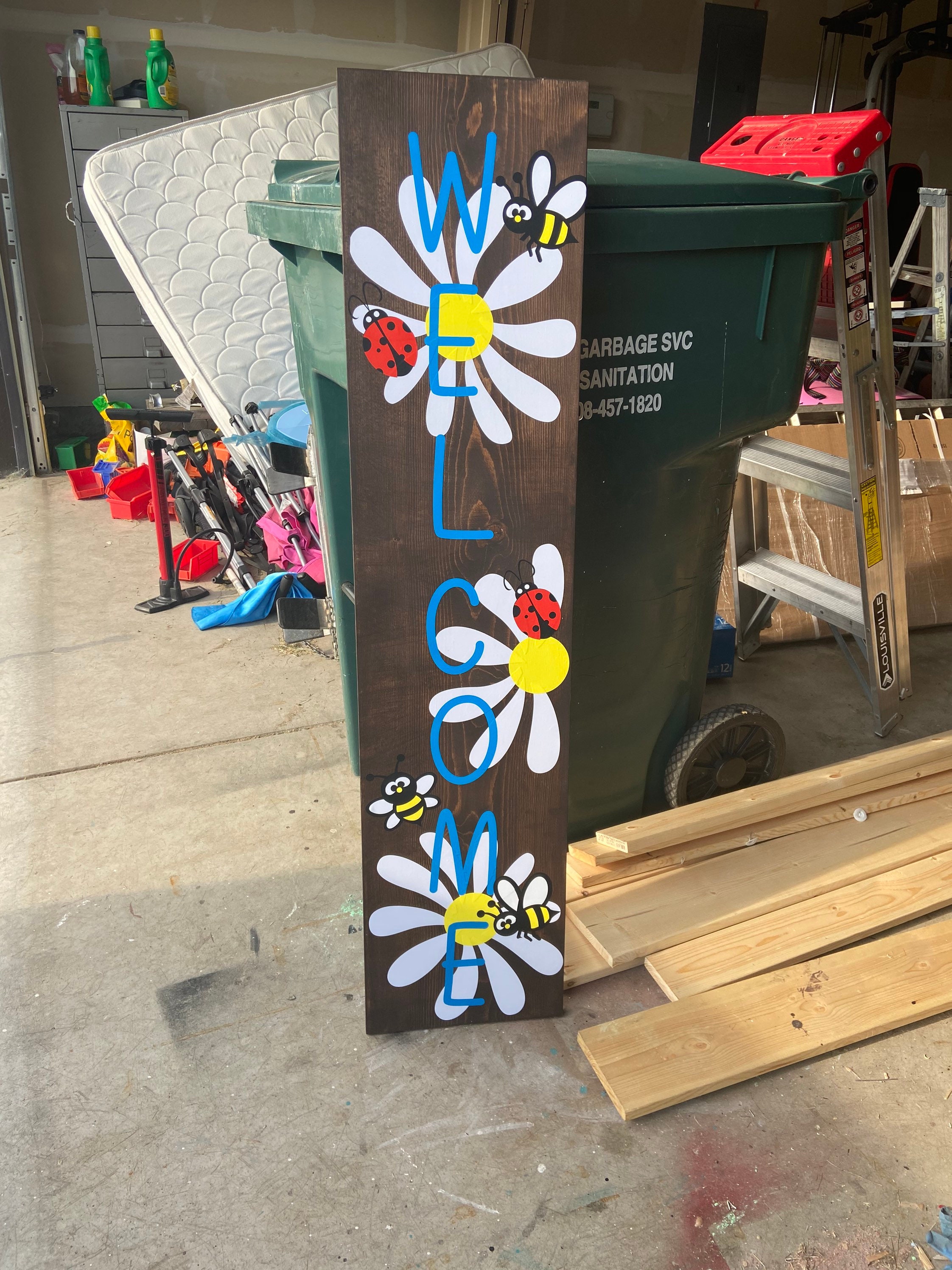 1x12x48 Dark Walnut Welcome Sign Front Porch Lady Bugs Bumblebees Daisy ...