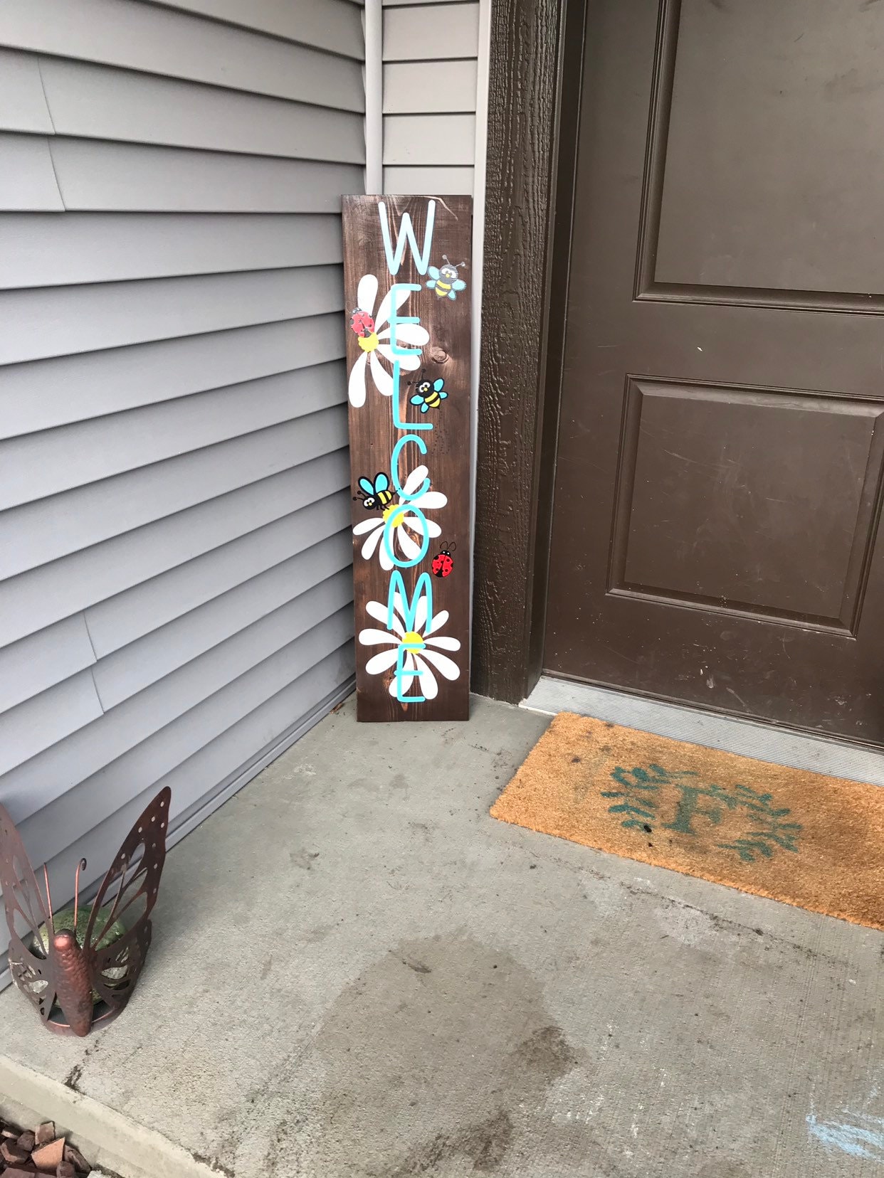 1x12x48 Dark Walnut Welcome Sign Front Porch Lady Bugs Bumblebees Daisy ...