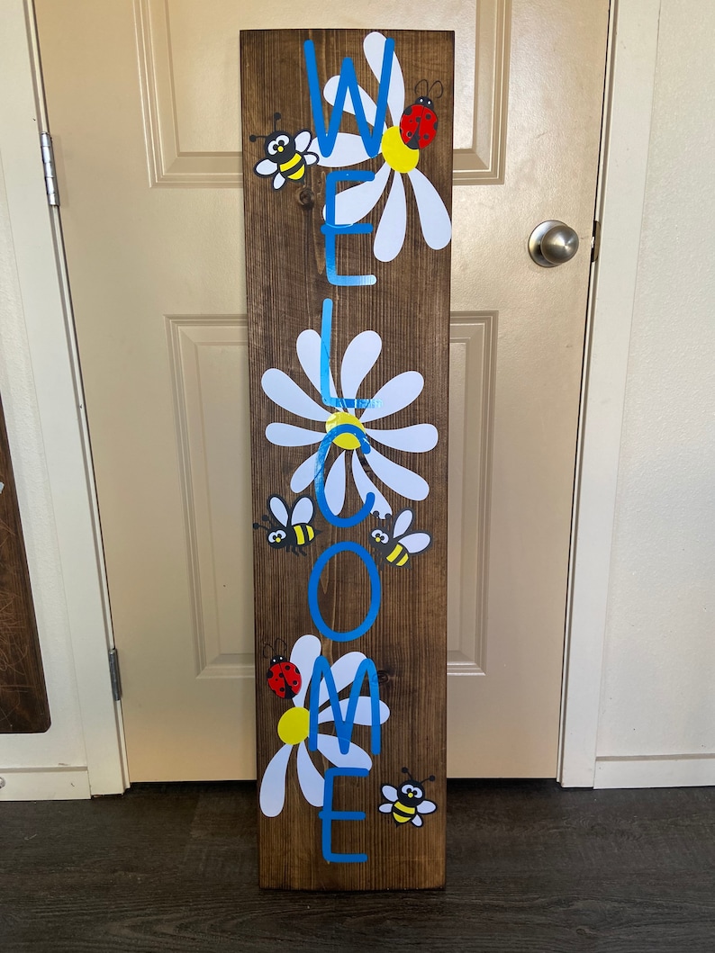 1x12x48" Dark Walnut Welcome Sign Front Porch Lady Bugs Bumblebees ...