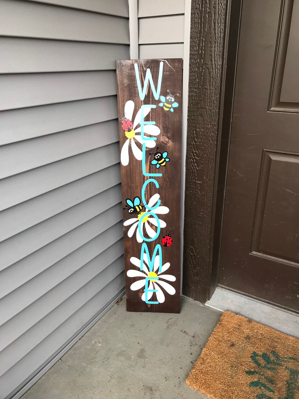 1x12x48 Dark Walnut Welcome Sign Front Porch Lady Bugs - Etsy