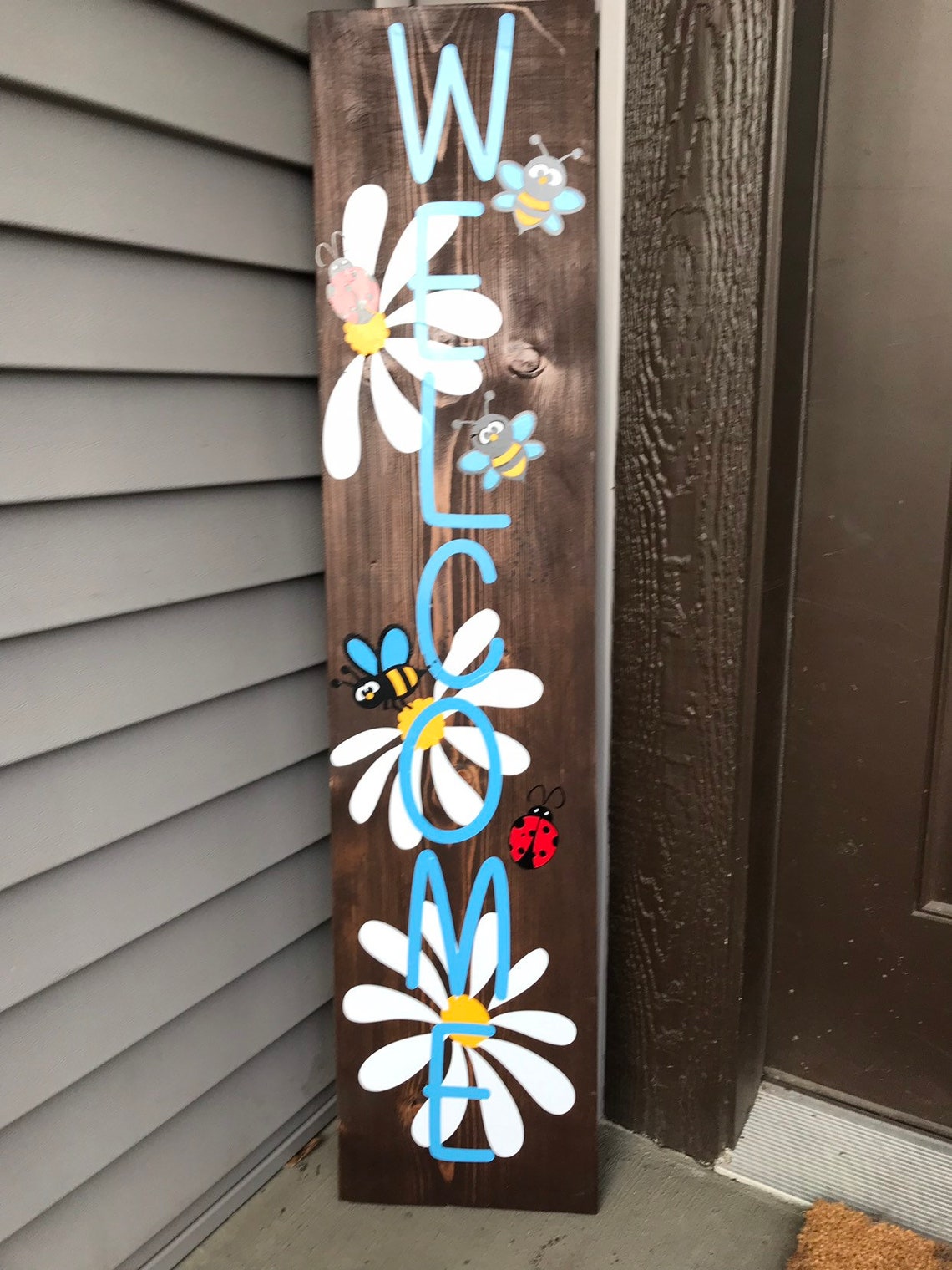 1x12x48 Dark Walnut Welcome Sign Front Porch Lady Bugs Bumblebees Daisy ...