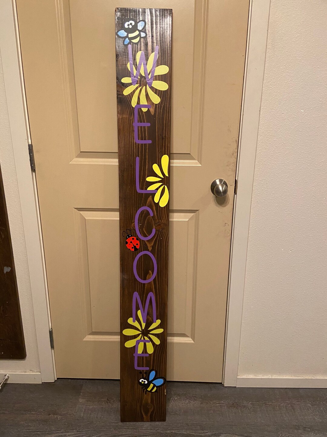 1x8”x48" Dark Walnut Welcome Sign Front Porch Lady Bugs Bumblebees ...