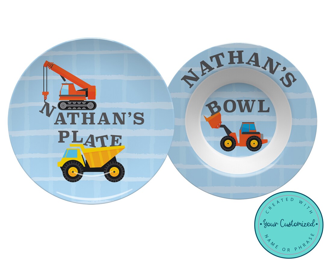 Personalized Construction Plate & Bowl Set, Baby Dish Set, Dishes ...