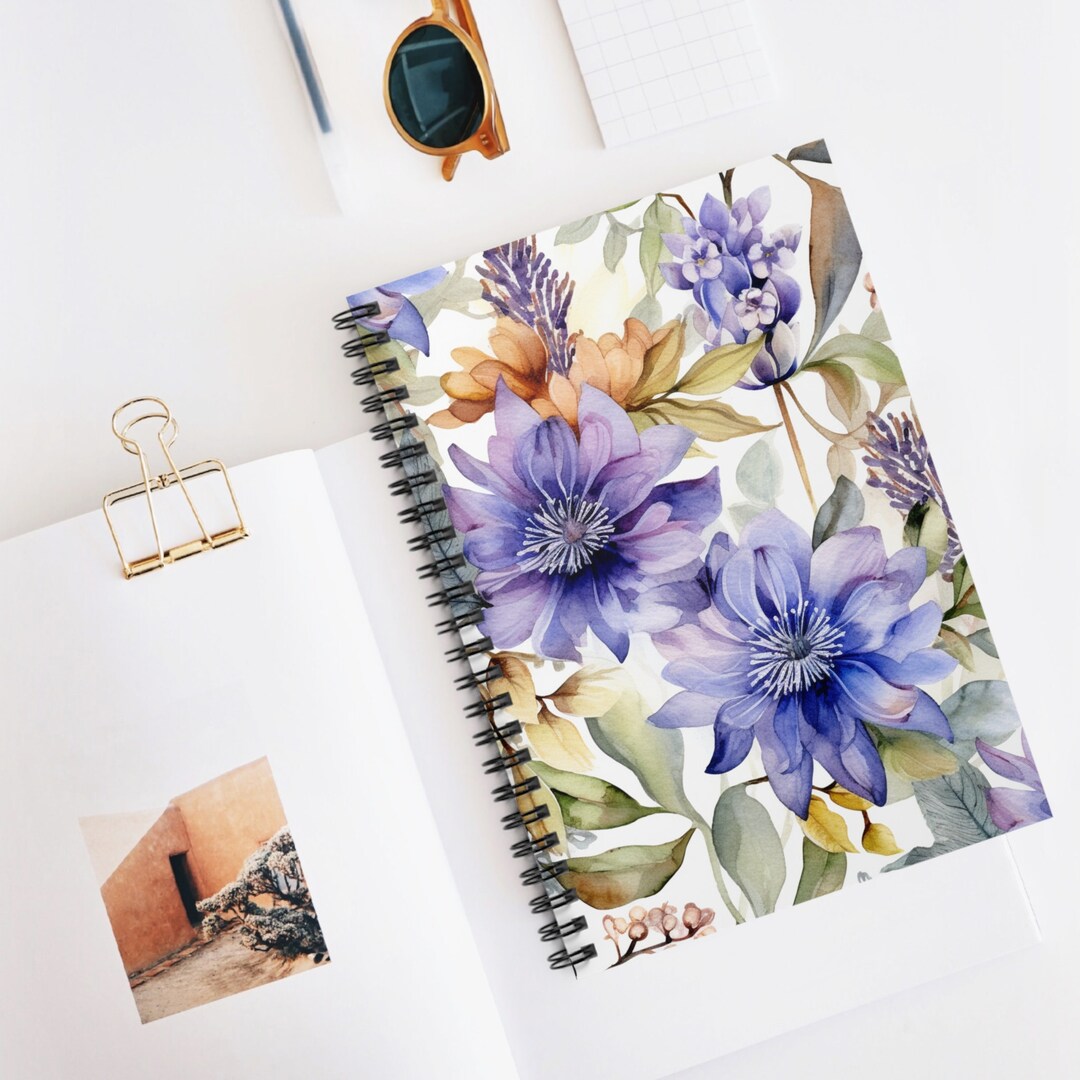 Beautiful Blue Purple Watercolor Flowers Spiral Notebook Ruled Line 3 ...