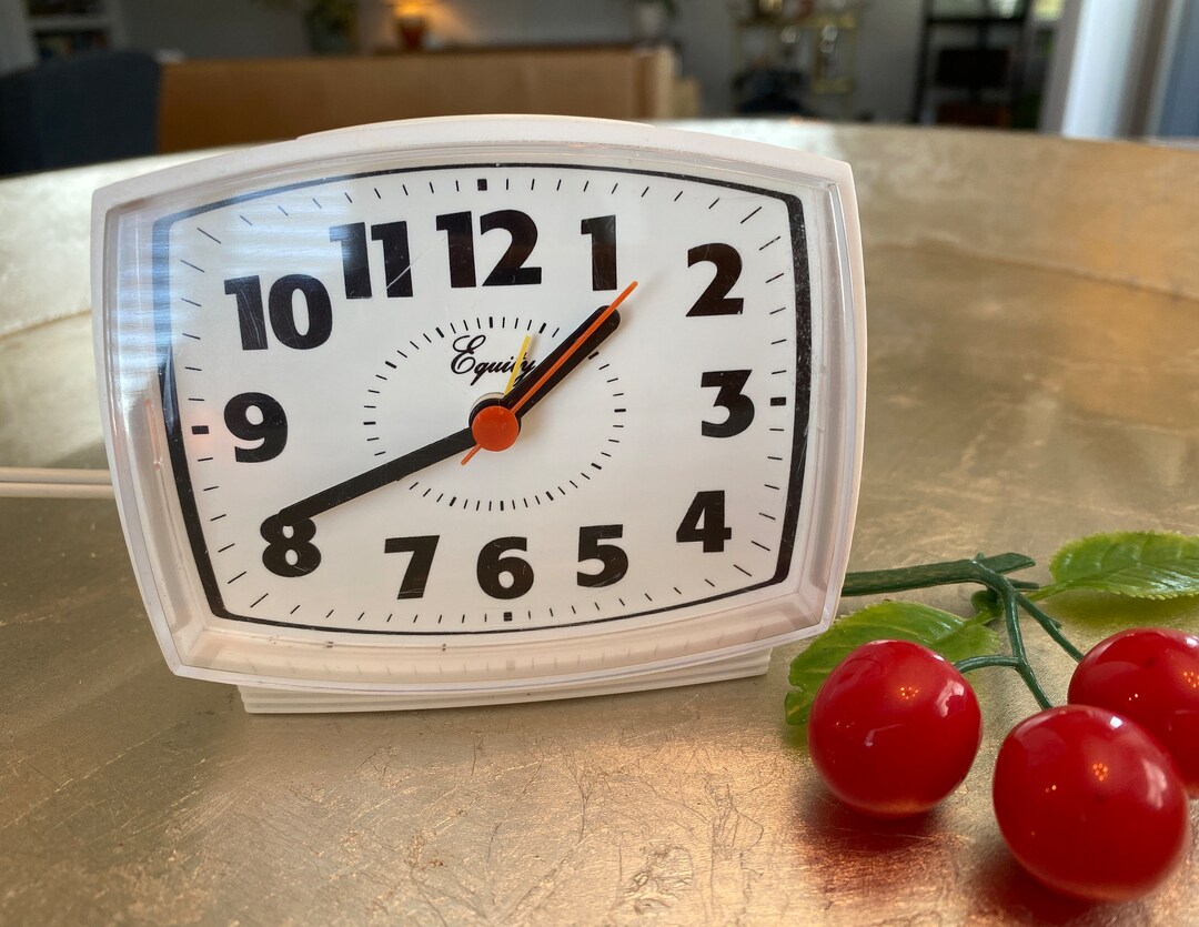 Vintage Equity Alarm Clock Square White Plastic Alarm Clock Equity Mid ...
