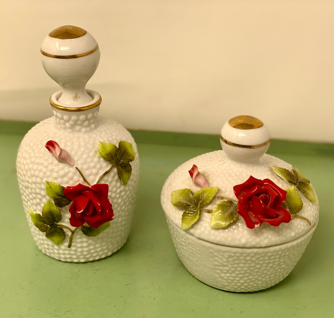 Vintage Milk Glass Perfume Bottle & Powder Jar W/ Capodimonte Rose ...