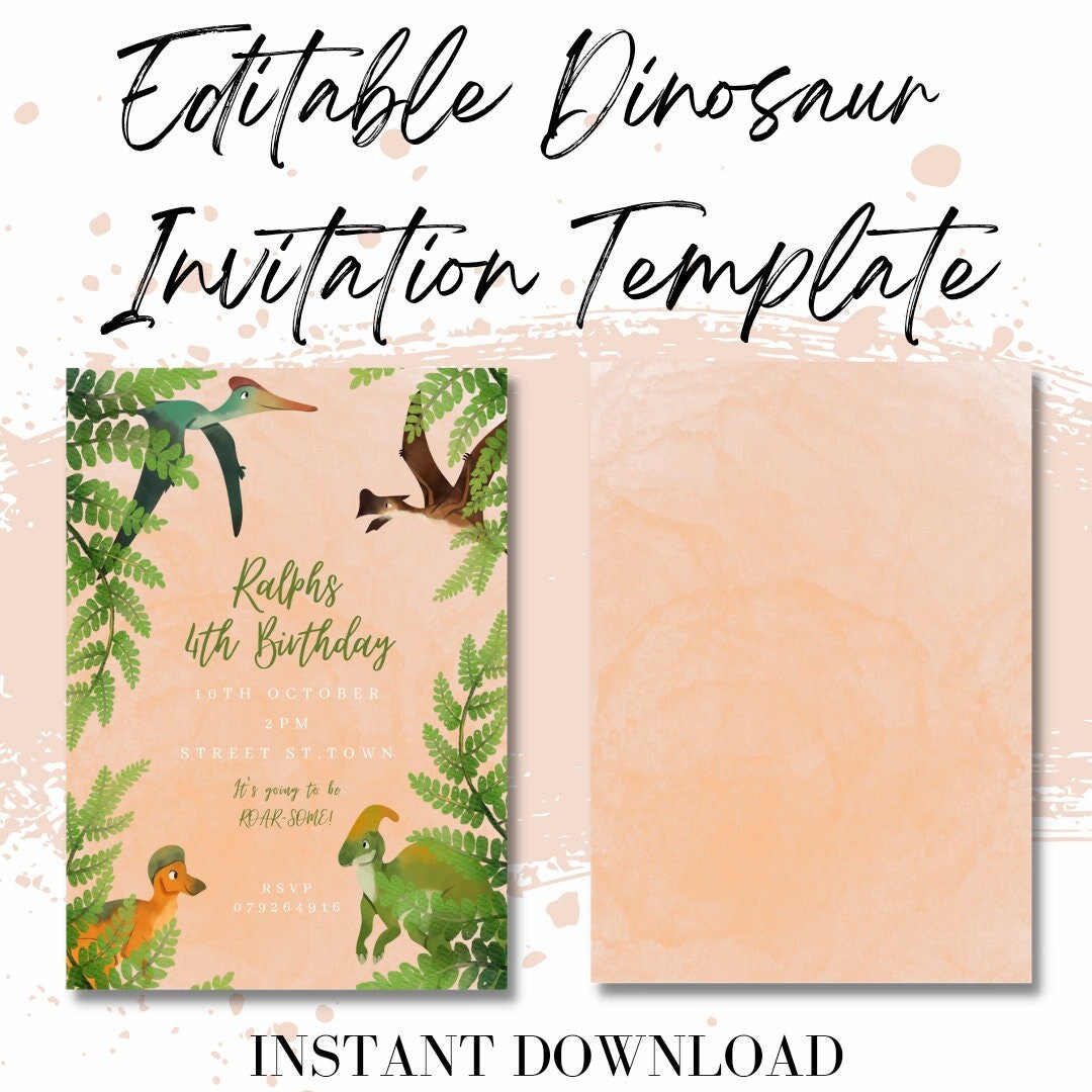 Dinosaur Childrens Party Invitation, Editable Template, Digital ...