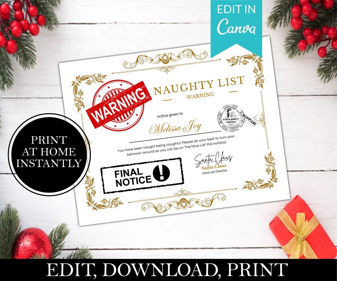 Naughty List Warning Letter, Naughty and Nice List, Letter From Santa ...