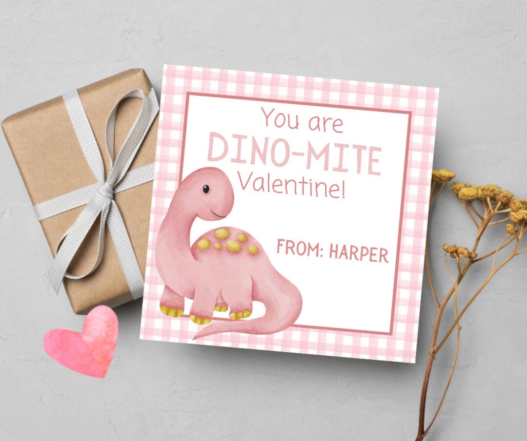 Pink Dino-mite Valentine - Custom Valentine's Day Card Gift Tag - Kids ...